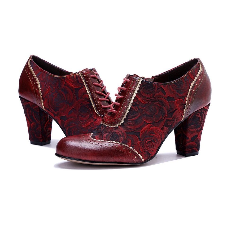 Women's Genunie Leather Handmade Pumps French Floral Countly Style ...
