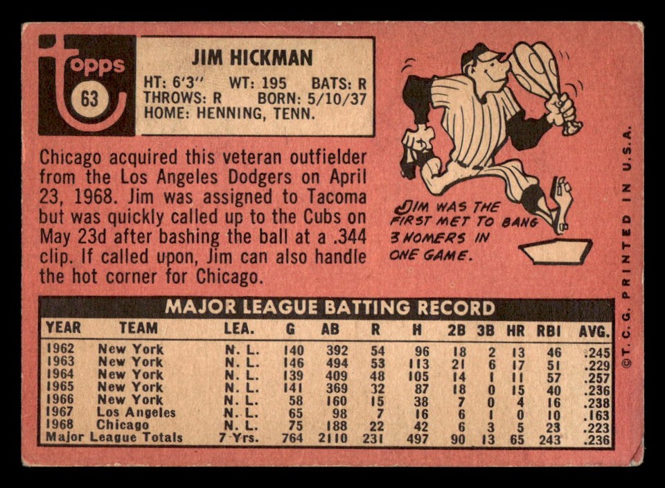 1969 Topps #63 Jim Hickman VG | eBay
