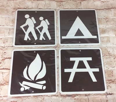 Lot of 4 Metal Tent Camping, Hiking, Picnic & Campfire Park Signs 6"x6 ...