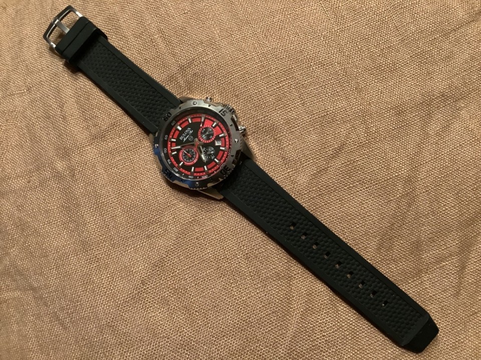 Bulova Marine Star Chronograph Mens Watch 96B186 Red Dial Quartz 46 mm ...