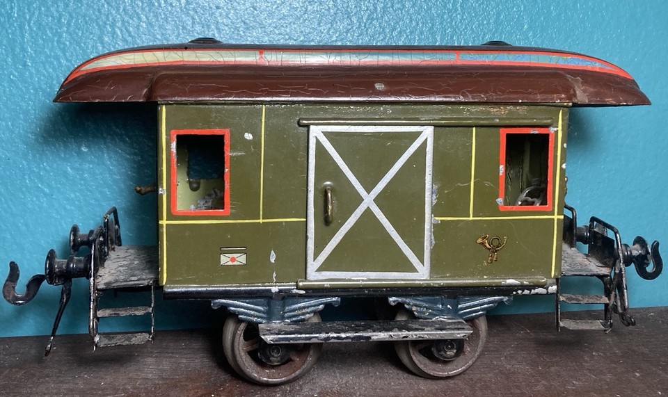 Prewar Tinplate Bing Hand Painted Postal Car - German Tin Train - Uralt ...