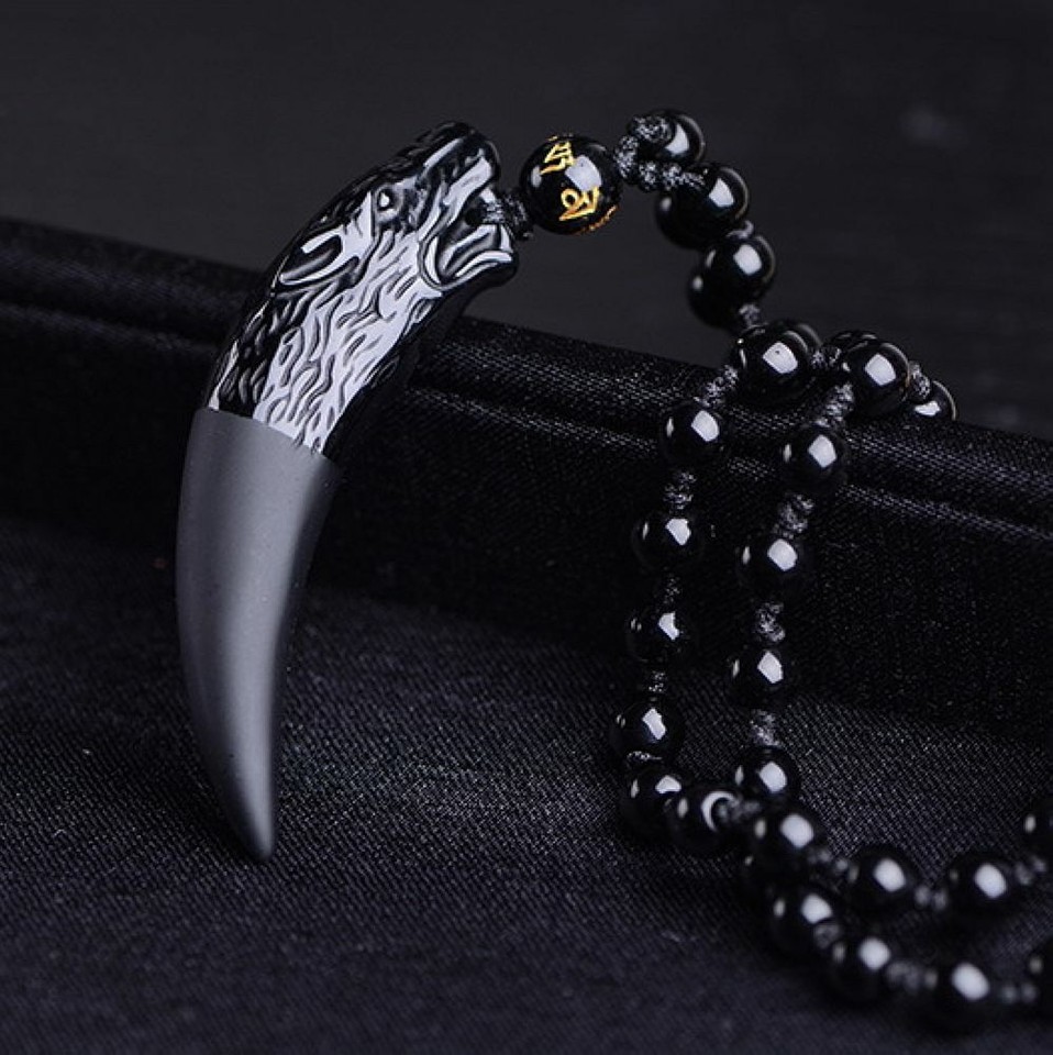 Natural black Obsidian Crystal Wolf Tooth Necklace pendant bead with ...