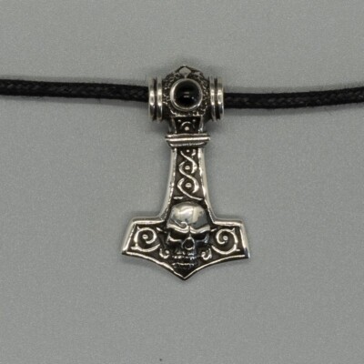 Thors Hammer Mjolnir Onyx Skull Pendant silver Viking Biker Celtic Odin ...