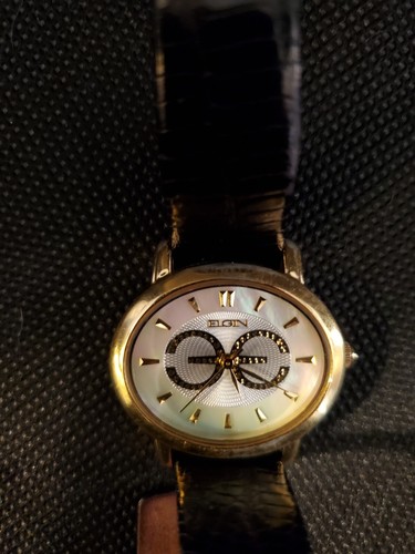 Vintage Ladies Elgin EG207ST Wrist Watch Leather Band Mother of Pearl ...