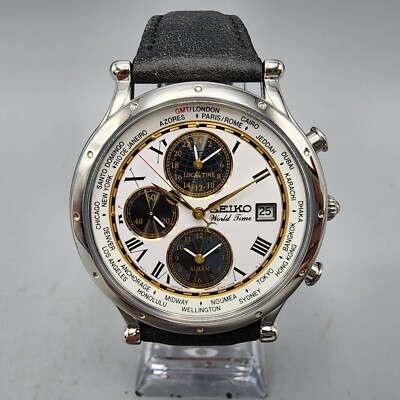 Seiko World Time Watch Men 40mm White Dial Silver Tone Date Alarm Round ...