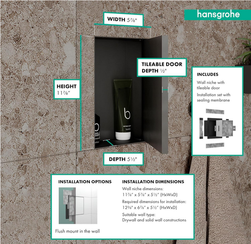 hansgrohe XtraStoris Rock Recessed Wall Niche with Tileable Door 12"x 6 ...