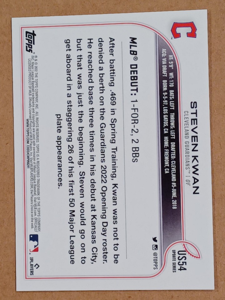 2022 Update Base #US54 Steven Kwan - Cleveland Guardians | eBay