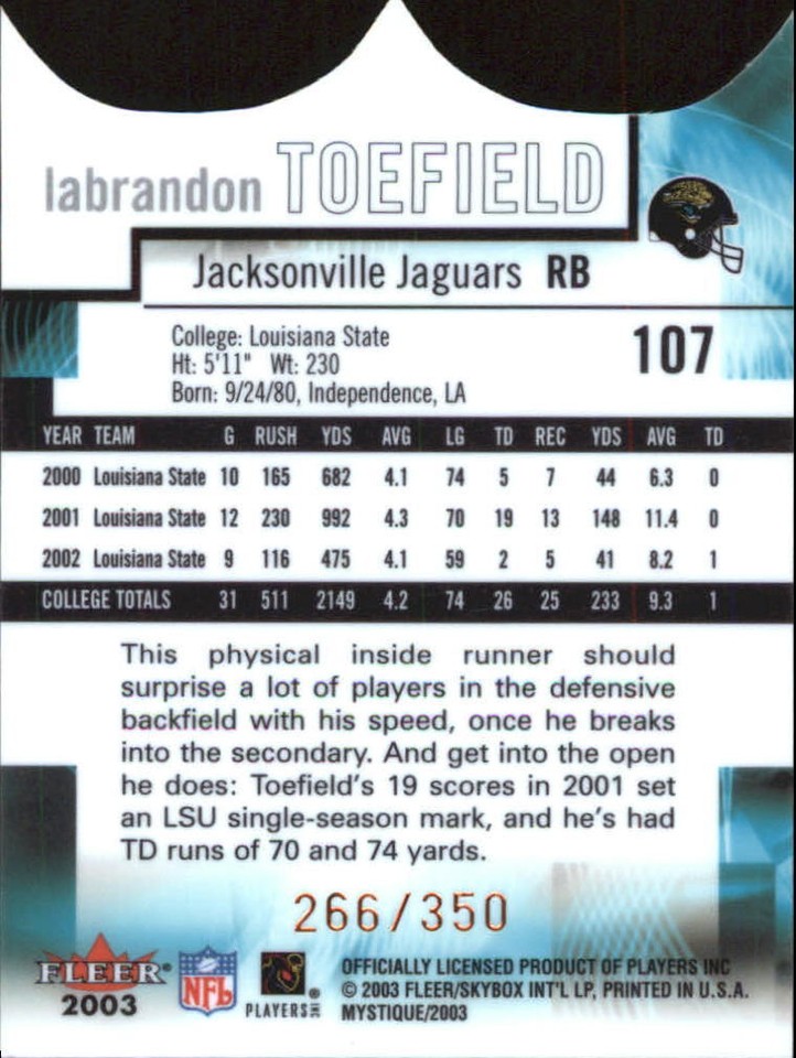 2003 Fleer Mystique Rookie Blue #107 LaBrandon Toefield /350 - NM-MT | eBay