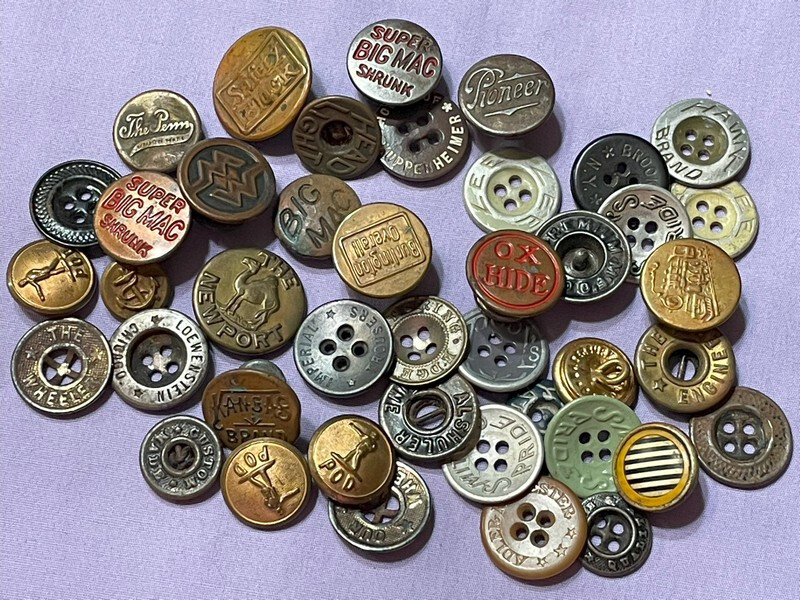 42 ANTIQUE WORK VERBAL BUTTONS BRASS ZINC BUTTONS RAILROAD OVERALLS ...