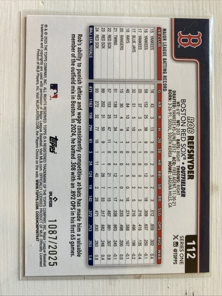 2025 Topps Series 1 Rob Refsnyder Gold Border Variation /2025 #112 Red ...