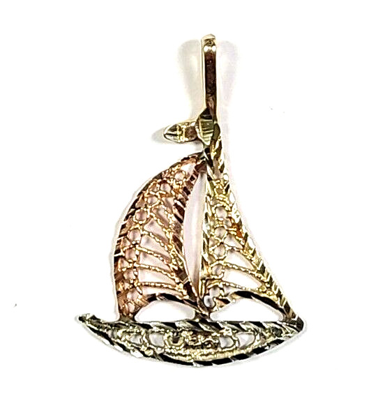 14k Yellow White and Rose Gold Filigree Sailboat Boat… - Gem