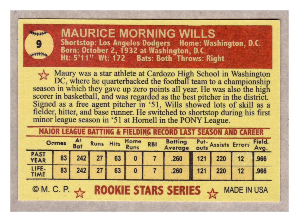 MAURY WILLS Los Angeles Dodgers / MC Rookie Stars #9 / NM+ Free Ship | eBay