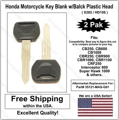 2 Pcs: Honda Motorcycle Key Blanks w/ Plastic Head X265 for CB CBR CRF ...