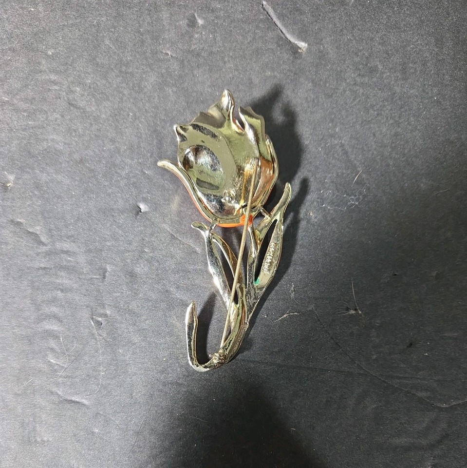 Vintage Signed Charel Brooch Red Enamel Tulip Flower Green enamel ...