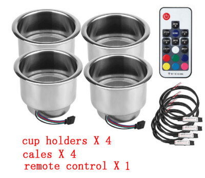 4PCS Cup Drink Holder Stainless Steel Remote Control 14LED RGB Marine ...