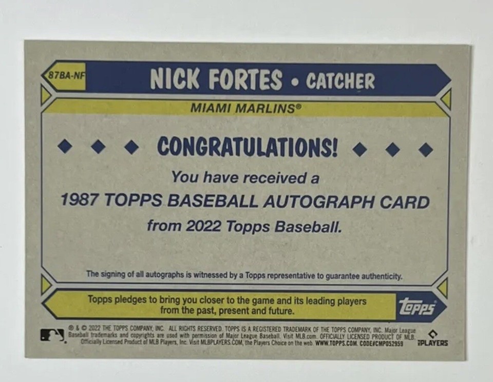 Nick Fortes 2022 Topps Update 1987 35th Anniversary On-Card Auto Rookie ...
