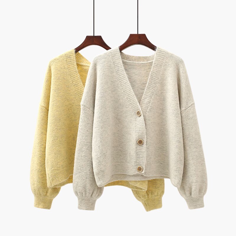 Women V-neck Cardigan Knit Jacket Top Button Jumper Puff Sleeve Solid ...
