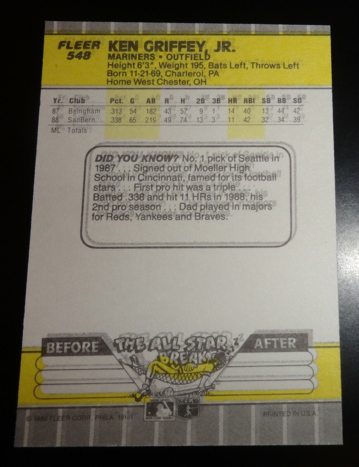 1989 FLEER #548 KEN GRIFFEY JR ERROR ROOKIE CARD DOUBLE PRINT REVERSE ...