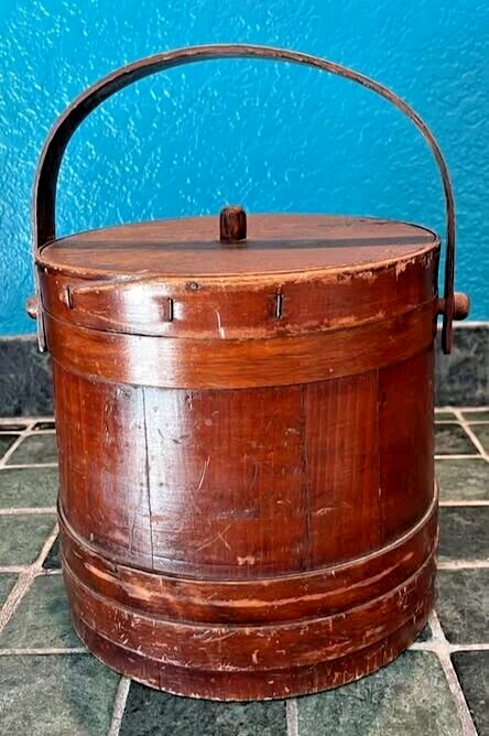 Antique vintage WOODEN FIRKIN SUGAR SEWING BUCKET with Swing Handle and ...