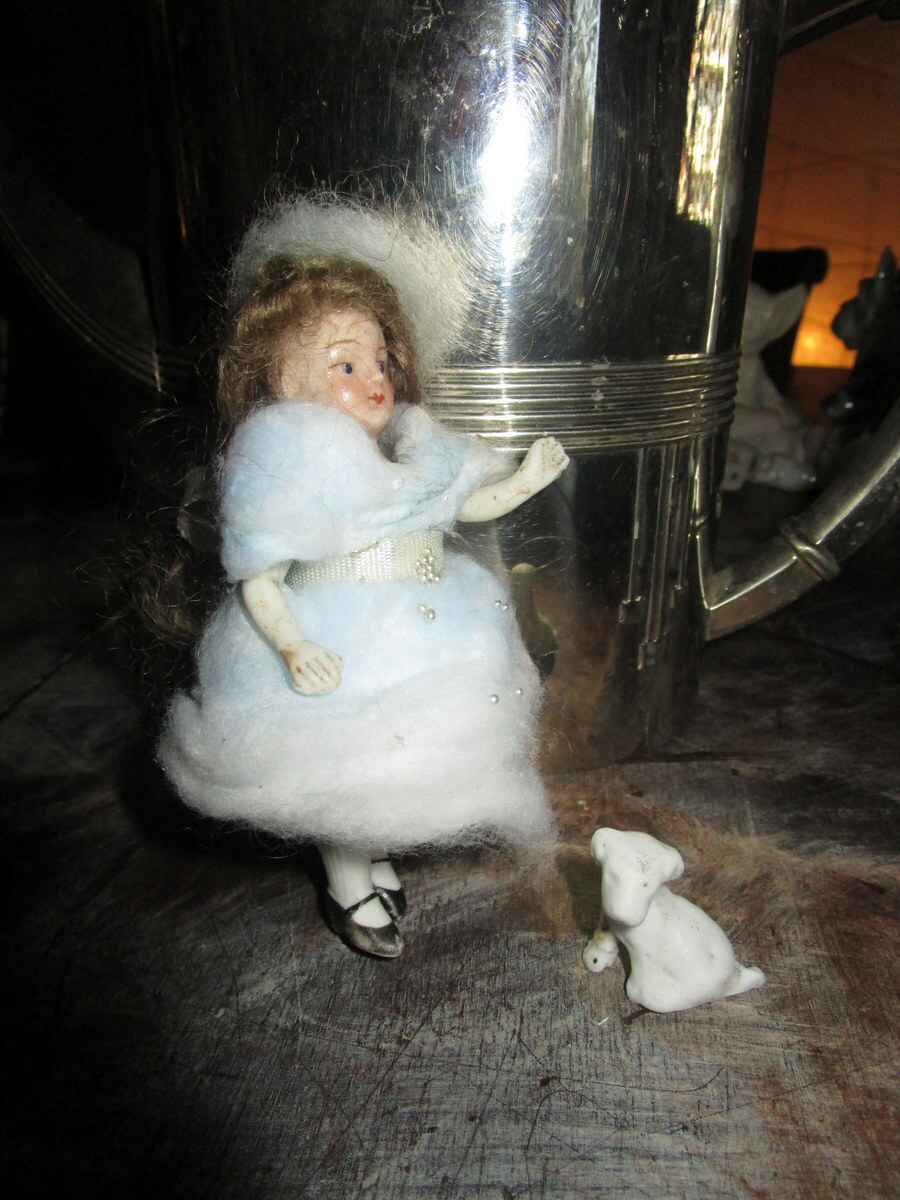 Antique bisque doll -Mignonette with spun cotton dress/ dog -Hertwig ...