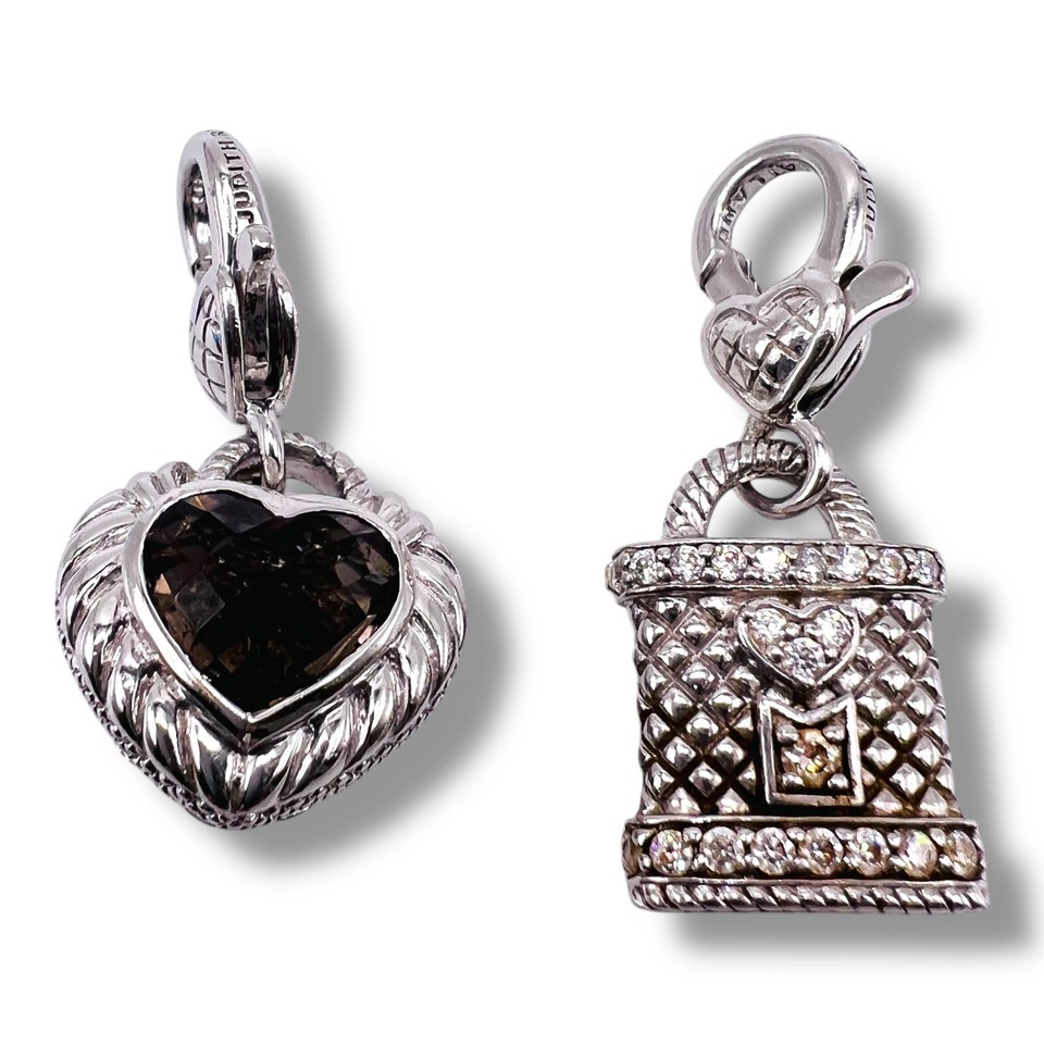 925 Silver Sterling JUDITH RIPKA Charm Bracelet Heart Lock Smoky Quartz ...