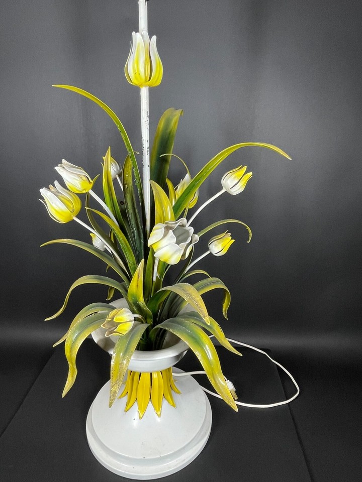 MCM Large Italian Painted Tole Lamp - Yellow Tulips in Cachepot ...
