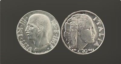 One early 1940s - 20 Centesimi Italian Coin , WW2 Italy Stainless Steel ...