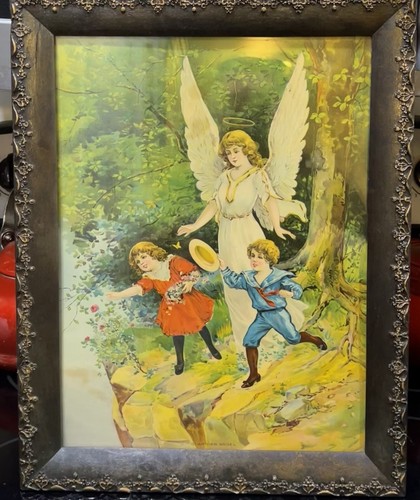 Antique Color Lithograph Guardian Angel W/ Young Boy & Girl Art Nouveau ...