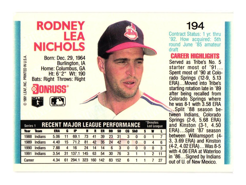 1992 Donruss #194 Rod Nichols Cleveland Indians | eBay