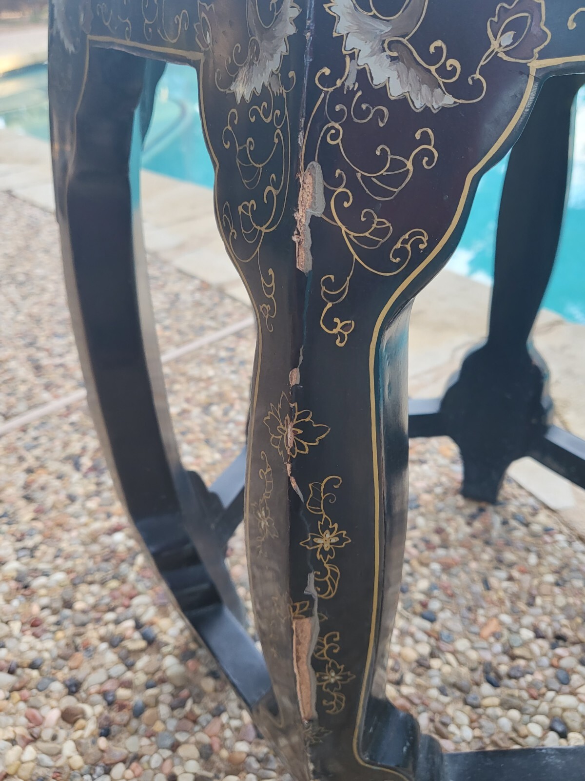 Vtg Chinoiserie Black Lacquer MOP Shell Inlay Oriental Drum Stool ...