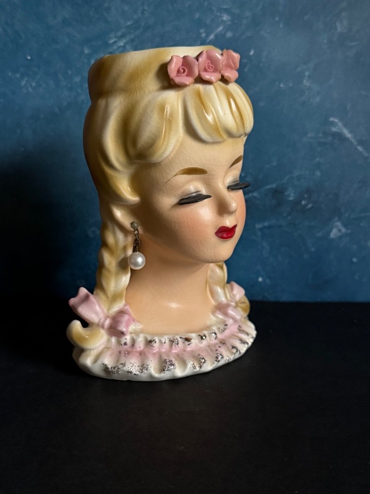 VINTAGE LADY HEAD VASE WREATH MARK JAPAN BLONDE “SWISS MISS” BRAIDS IN ...