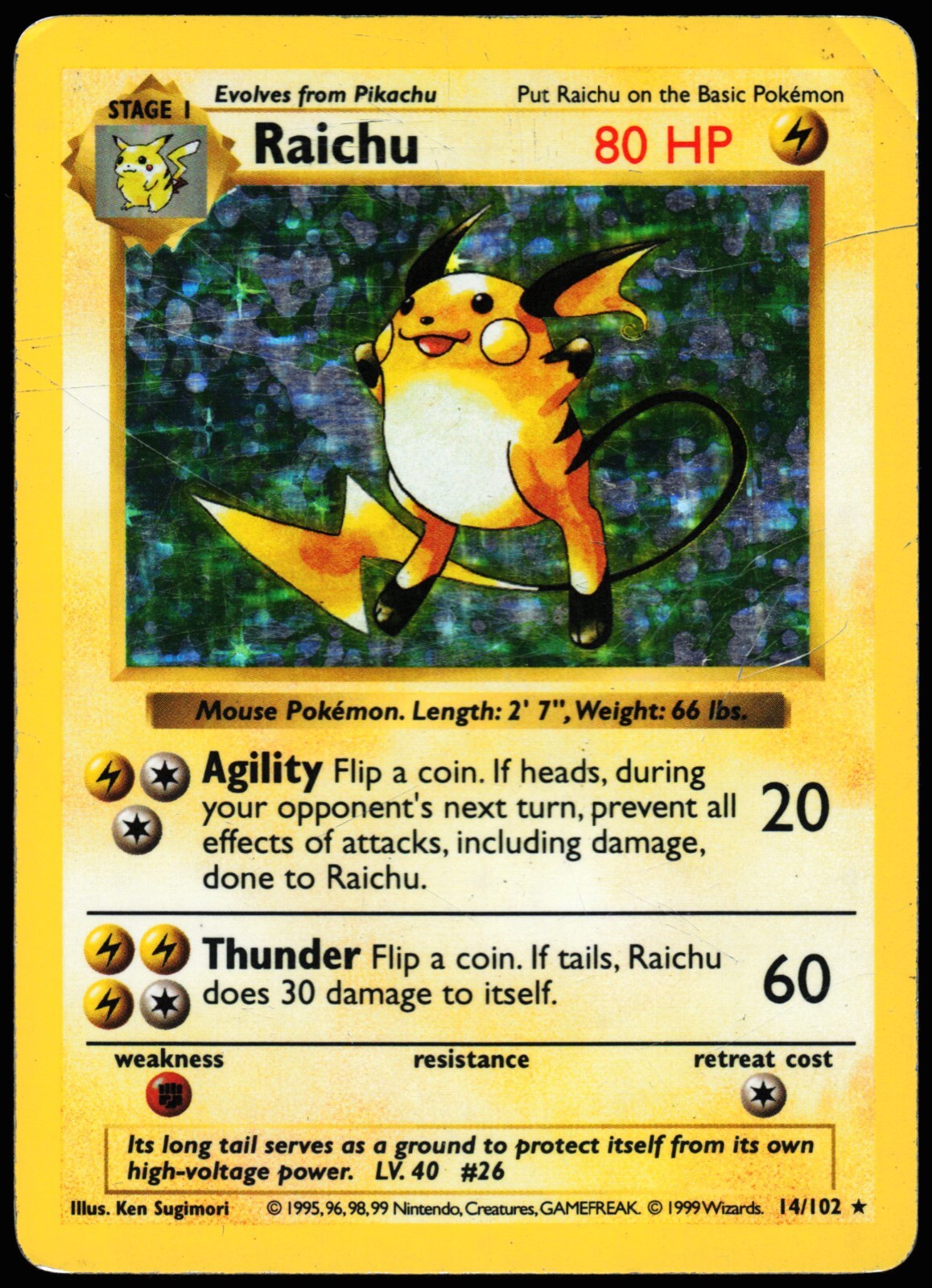 Pokémon TCG Raichu Base Set 14/102 Holo Shadowless Holo Rare Heavily ...