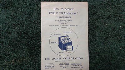 LIONEL TYPE R TRANSFORMER 100 WATTS INSTRUCTIONS PHOTOCOPY | eBay