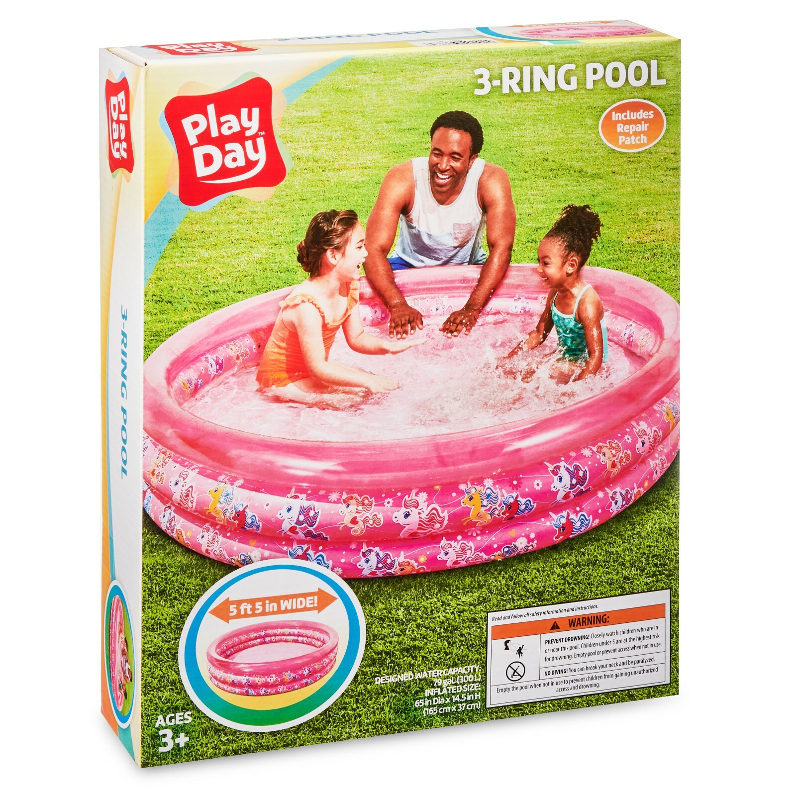 Play Day Inflatable 3-Ring Pink Unicorn Themed Kiddie Swimming Pool ...