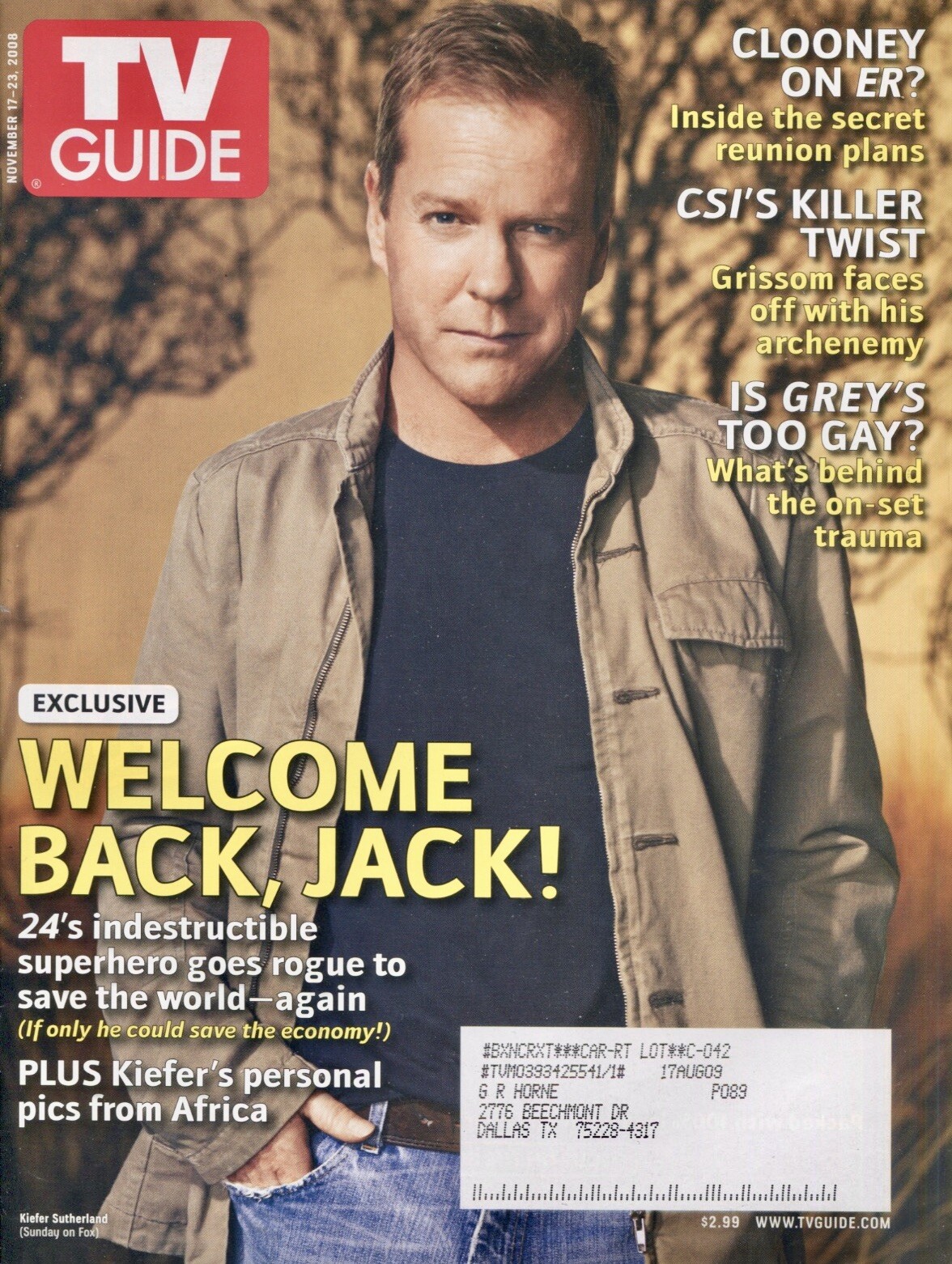 KIEFER SUTHERLAND ~ 24 ~ TV Guide Magazine ~ November 17, 2008 ~ E-1-3 ...