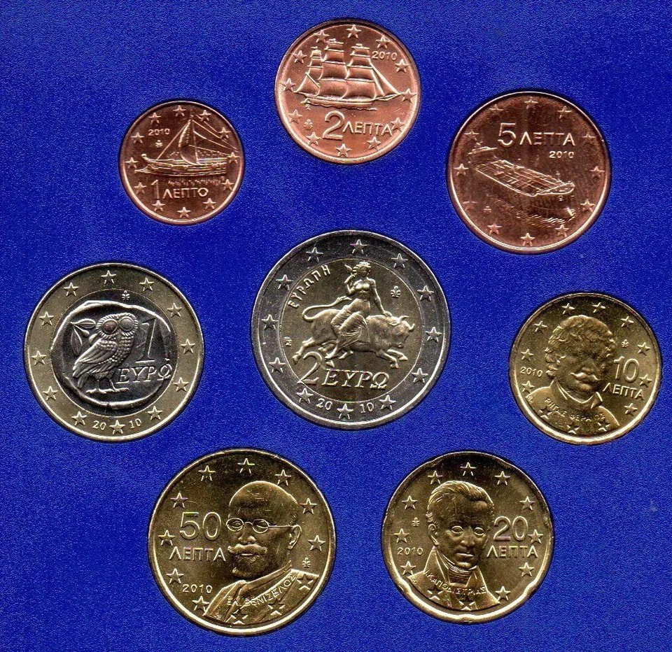 Greece. Greek Euro Coins UNC 2010 in BOX Set of 8 values (1c. to 2 ...