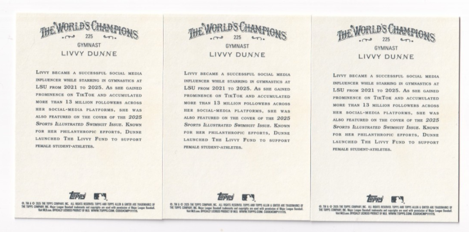 (3) Livvy Dunne 2025 TOPPS ALLEN & GINTER BASE CARD LOT #225 GYMNAST ...