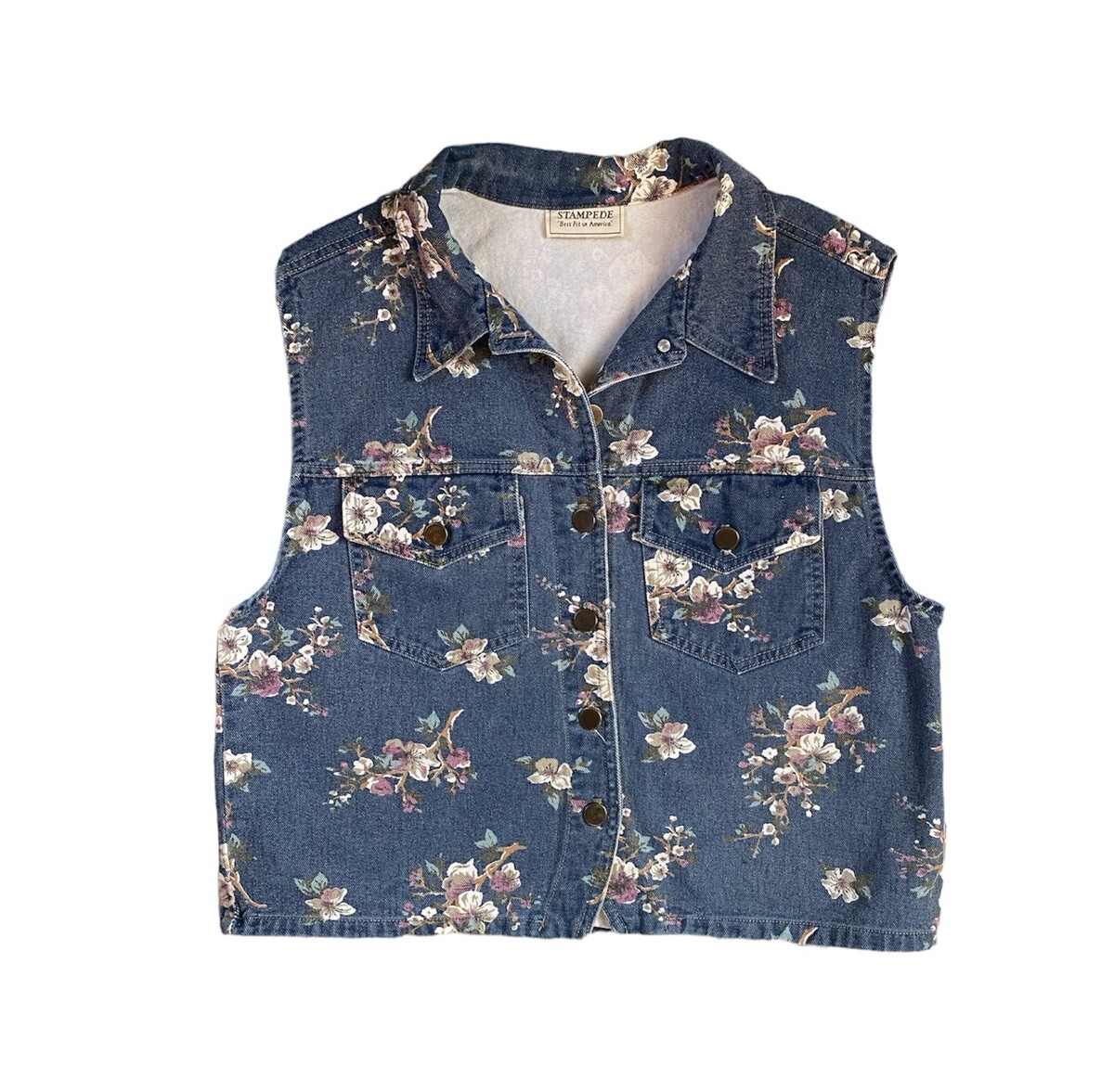 VTG 90s Stampede Cherry Blossom Floral Denim Vest - Gem