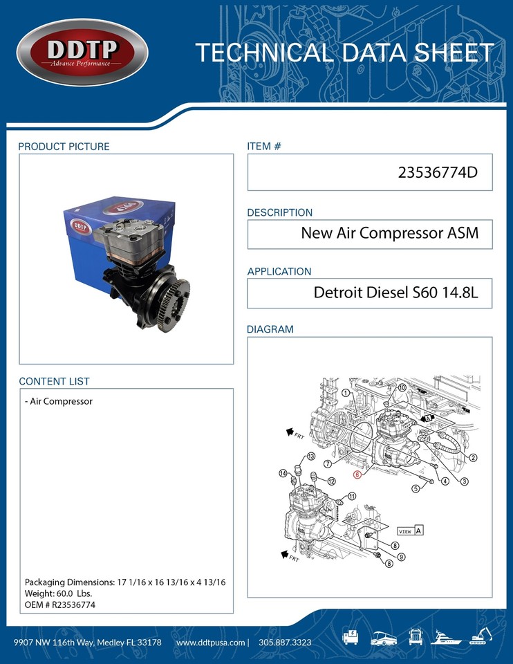 New Air Compressor, Detroit Diesel Series 60 14.8L (R23536774, 23536774 ...
