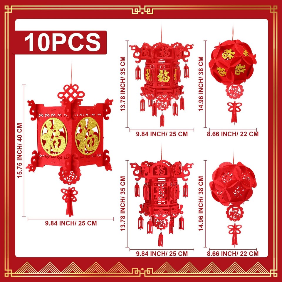 10 Pcs Red Chinese Fu Paper Lanterns 2026 New Year Lucky 3D Felt ...