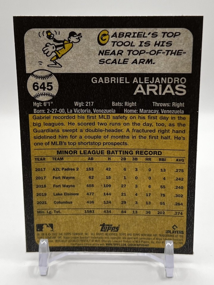 2022 Topps Heritage High GABRIEL ARIAS Guardians rc #645 CHROME PURPLE ...