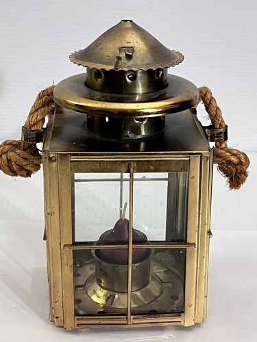 Vintage Brass Glass Ship Nautical Candle Holder Lantern 8.5" Rope ...