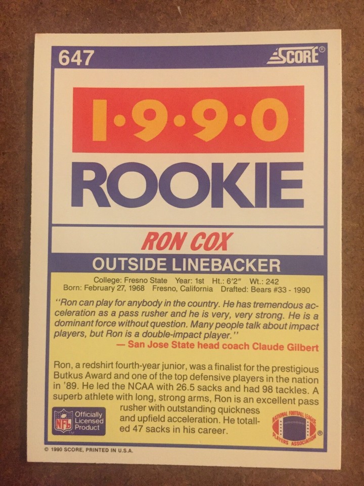 Ron Cox 647 Score 1990 NFL Football Trading Card | eBay