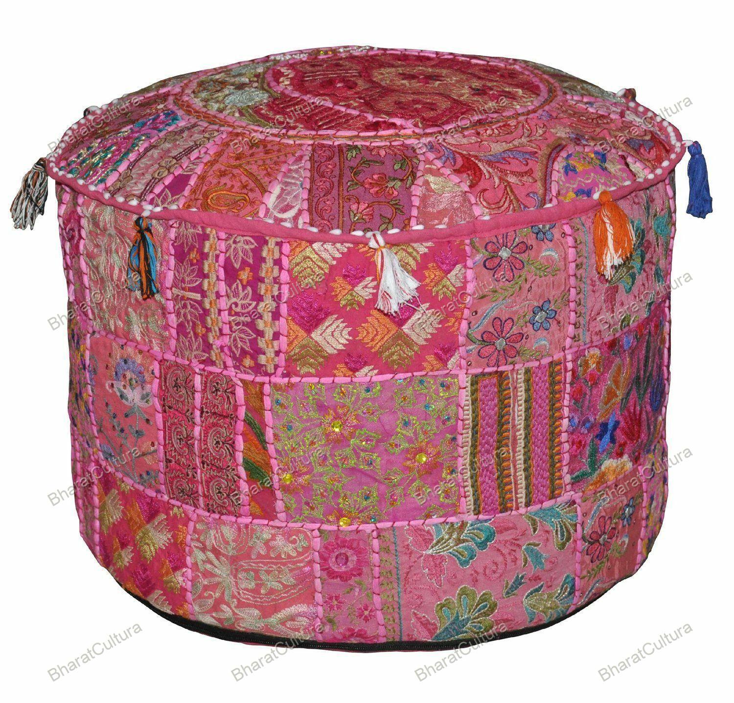 Indian Vintage Floral Ottoman Pouf Embroidered Cotton Footstool Bed ...
