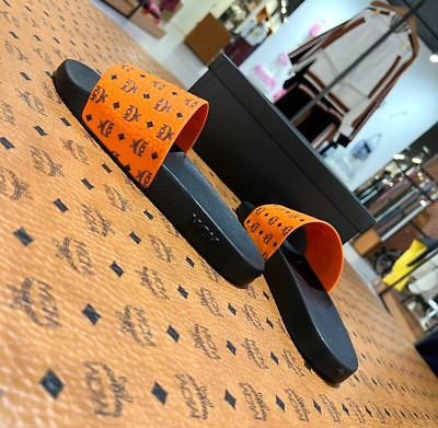 🔥MCM Italy Made Men's Visetos Print Rubber Orange Black Slides US 8~ 12 ...