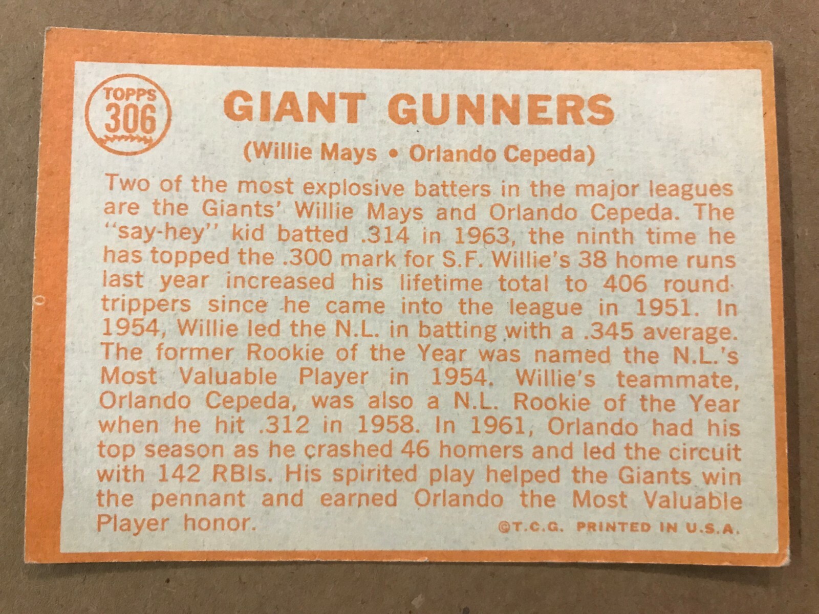 GIANT GUNNERS ORIGINAL 1964 TOPPS BASEBALL TRADING CARD #306 (F/VF ...