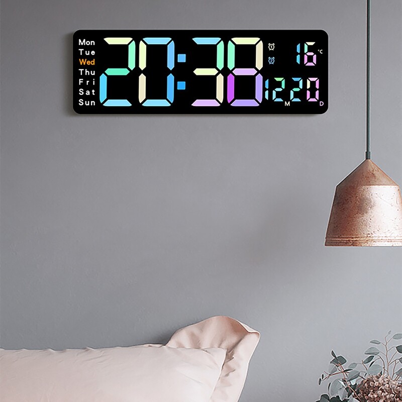 Digital LED Alarm Clock RGB Large LED Display Wall Clock Humidity ...