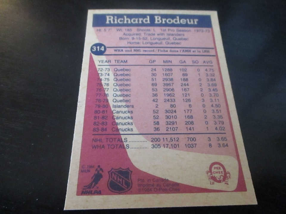 richard brodeur (vancouver canucks - goalie) 1984/85 o-pee-chee card ...