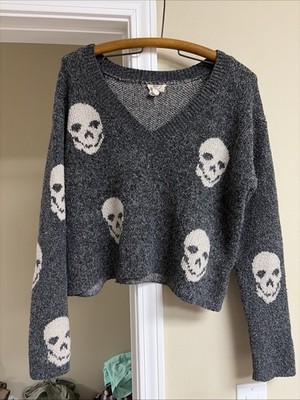 Hippie Rose Medium Gray Skull Death Metal V Neck Sweater Medium Cropped ...