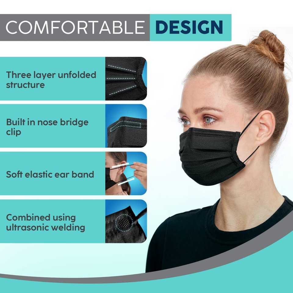 100 PCS Disposable Face Mask Non Medical Surgical 3 Ply Ear loop Black ...